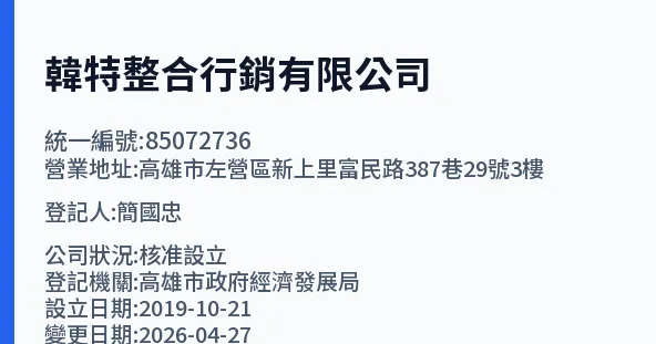 韓特整合行銷有限公司的照片-統編 85072736(高雄市) 公司登記資料與營業項目詳細圖表