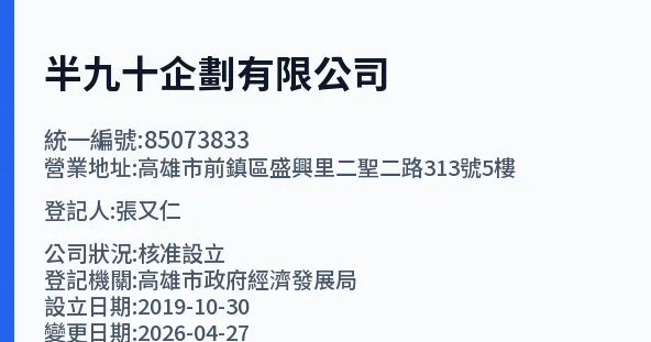 半九十企劃有限公司的照片-統編 85073833(高雄市) 公司登記資料與營業項目詳細圖表