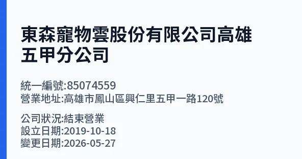 東森寵物雲股份有限公司高雄五甲分公司的照片-統編 85074559(高雄市) 公司登記資料與營業項目詳細圖表