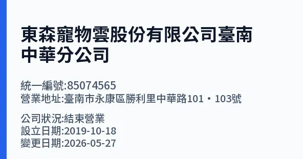 東森寵物雲股份有限公司臺南中華分公司的照片-統編 85074565(臺南市) 公司登記資料與營業項目詳細圖表