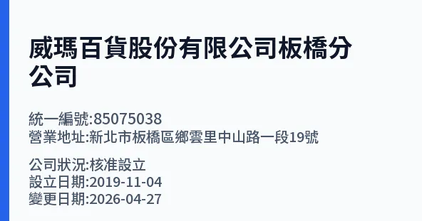 威瑪百貨股份有限公司板橋分公司的照片-統編 85075038(新北市) 公司登記資料與營業項目詳細圖表