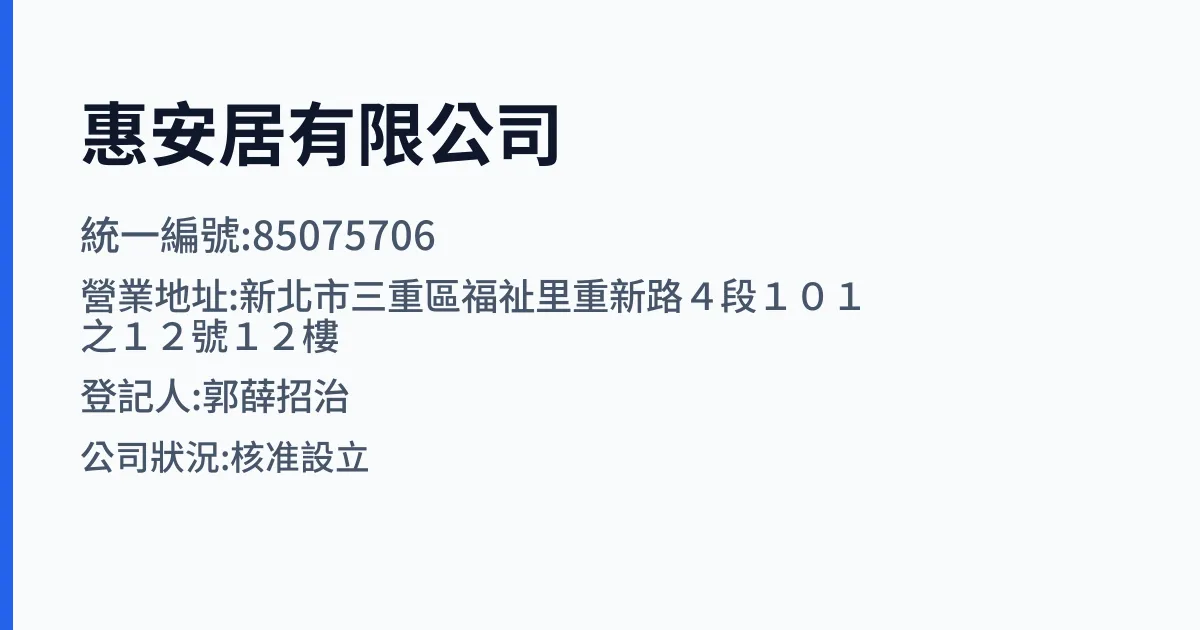 惠安居有限公司 - 統編 85075706(新北市) 公司登記資料與營業項目詳細圖表