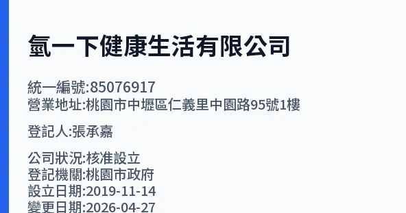 氫一下健康生活有限公司的照片-統編 85076917(桃園市) 公司登記資料與營業項目詳細圖表