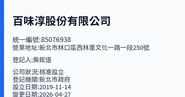百味淳股份有限公司的照片-統編 85076938(新北市) 公司登記資料與營業項目詳細圖表