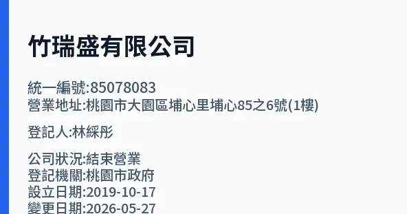 竹瑞盛有限公司的照片-統編 85078083(桃園市) 公司登記資料與營業項目詳細圖表
