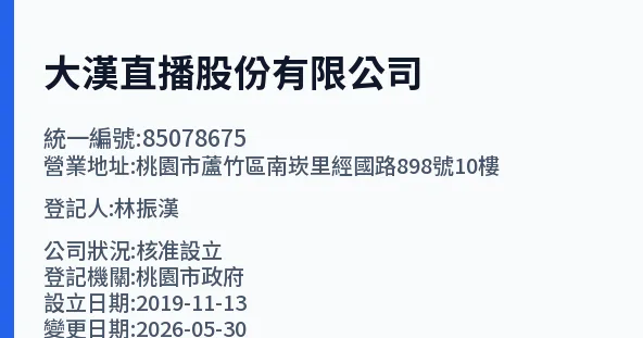 大漢直播股份有限公司的照片-統編 85078675(桃園市) 公司登記資料與營業項目詳細圖表