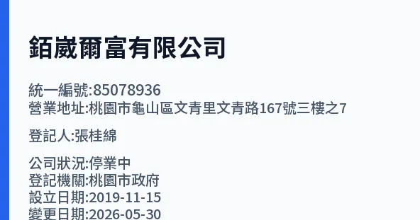 銆崴爾富有限公司的照片-統編 85078936(桃園市) 公司登記資料與營業項目詳細圖表