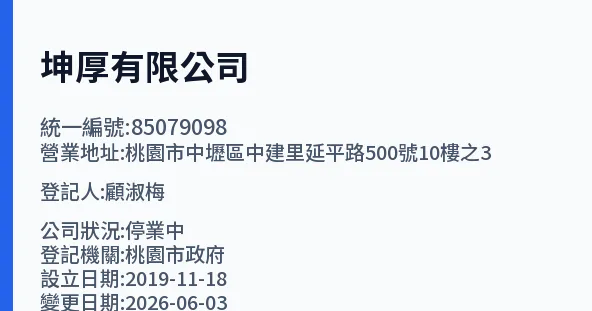 坤厚有限公司的照片-統編 85079098(桃園市) 公司登記資料與營業項目詳細圖表