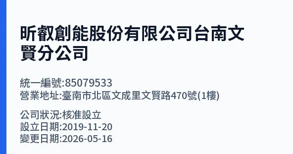 昕叡創能股份有限公司台南文賢分公司的照片-統編 85079533(臺南市) 公司登記資料與營業項目詳細圖表