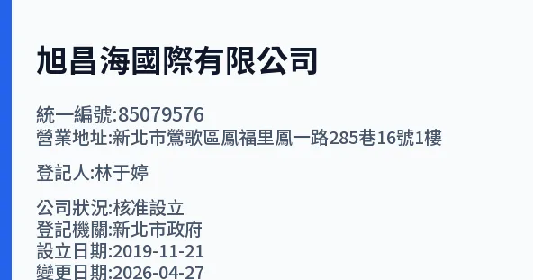 旭昌海國際有限公司的照片-統編 85079576(新北市) 公司登記資料與營業項目詳細圖表