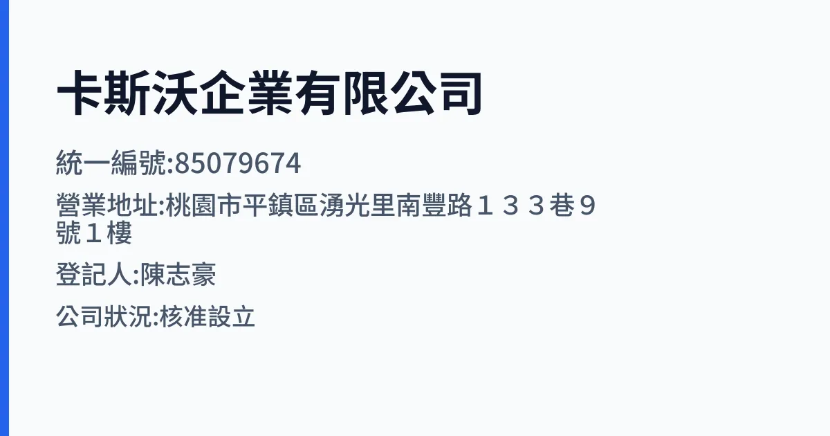 卡斯沃企業有限公司 - 統編 85079674(桃園市) 公司登記資料與營業項目詳細圖表