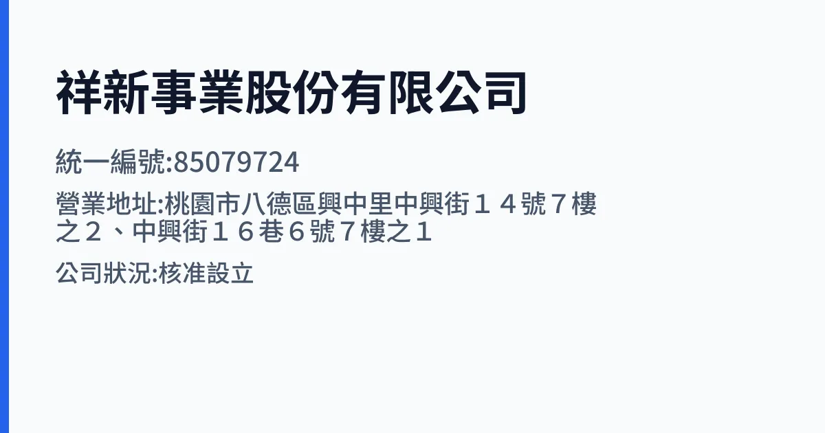 祥新事業股份有限公司 - 統編 85079724(桃園市) 公司登記資料與營業項目詳細圖表