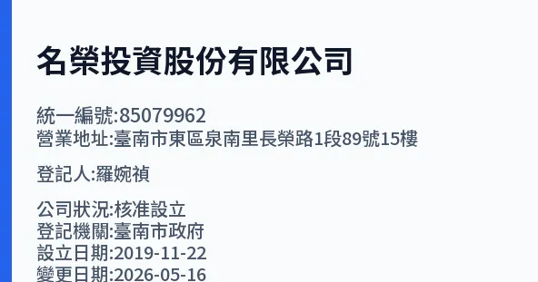 名榮投資股份有限公司的照片-統編 85079962(臺南市) 公司登記資料與營業項目詳細圖表