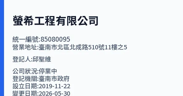 螢希工程有限公司的照片-統編 85080095(臺南市) 公司登記資料與營業項目詳細圖表