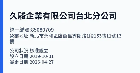 久駿企業有限公司台北分公司的照片-統編 85080709(新北市) 公司登記資料與營業項目詳細圖表