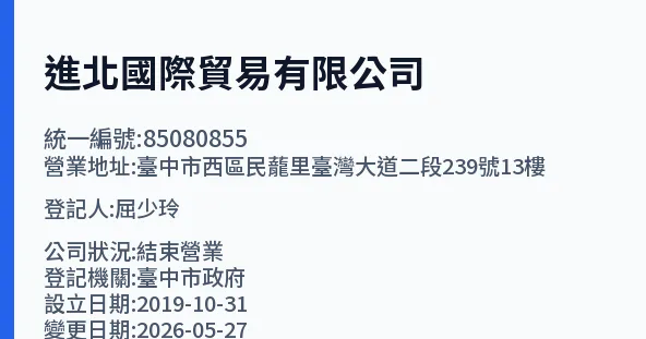 進北國際貿易有限公司的照片-統編 85080855(臺中市) 公司登記資料與營業項目詳細圖表