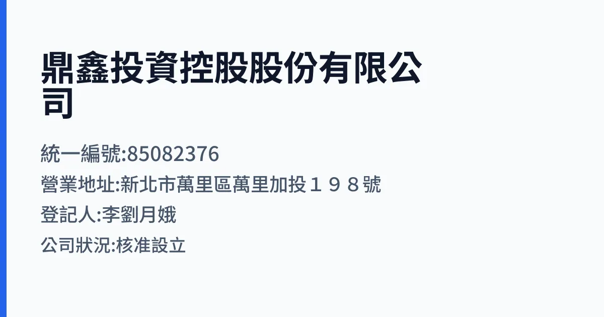 鼎鑫投資控股股份有限公司 - 統編 85082376(新北市) 公司登記資料與營業項目詳細圖表