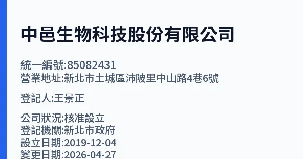 中邑生物科技股份有限公司的照片-統編 85082431(新北市) 公司登記資料與營業項目詳細圖表