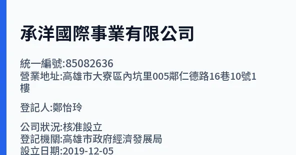承洋國際事業有限公司的照片-統編 85082636(高雄市) 公司登記資料與營業項目詳細圖表