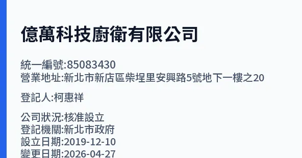 億萬科技廚衛有限公司的照片-統編 85083430(新北市) 公司登記資料與營業項目詳細圖表