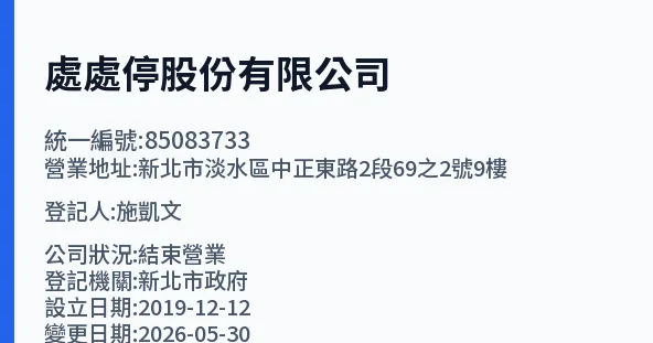 處處停股份有限公司的照片-統編 85083733(新北市) 公司登記資料與營業項目詳細圖表