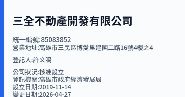三全不動產開發有限公司的照片-統編 85083852(高雄市) 公司登記資料與營業項目詳細圖表