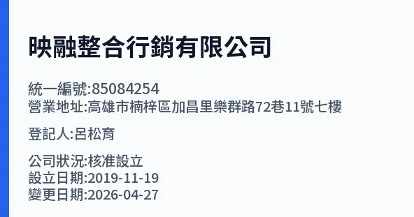 映融整合行銷有限公司的照片-統編 85084254(高雄市) 公司登記資料與營業項目詳細圖表