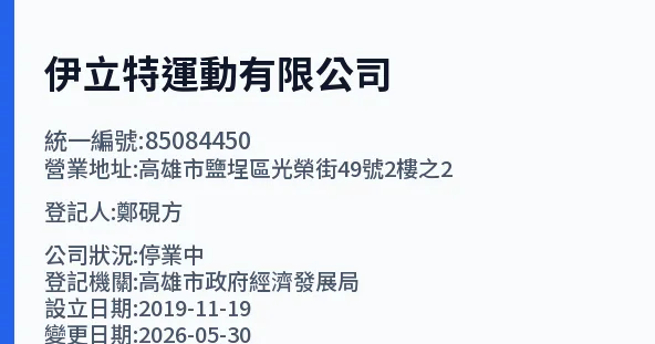 伊立特運動有限公司的照片-統編 85084450(高雄市) 公司登記資料與營業項目詳細圖表