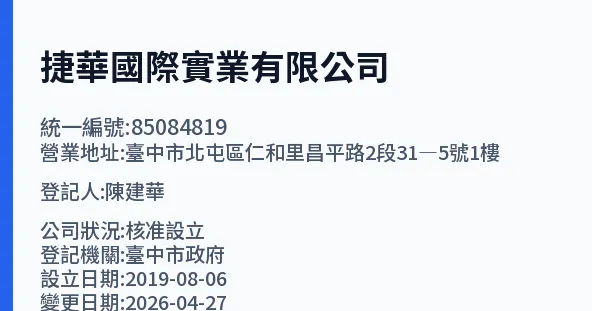 捷華國際實業有限公司的照片-統編 85084819(臺中市) 公司登記資料與營業項目詳細圖表