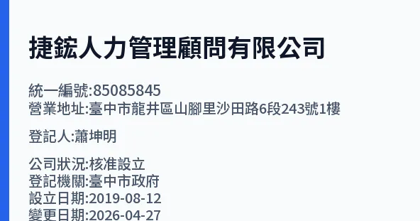 捷鋐人力管理顧問有限公司的照片-統編 85085845(臺中市) 公司登記資料與營業項目詳細圖表