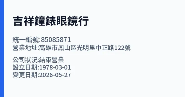 吉祥鐘錶眼鏡行的照片-統編 85085871(高雄市) 公司登記資料與營業項目詳細圖表