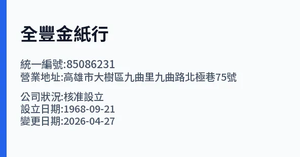 全豐金紙行的照片-統編 85086231(高雄市) 公司登記資料與營業項目詳細圖表