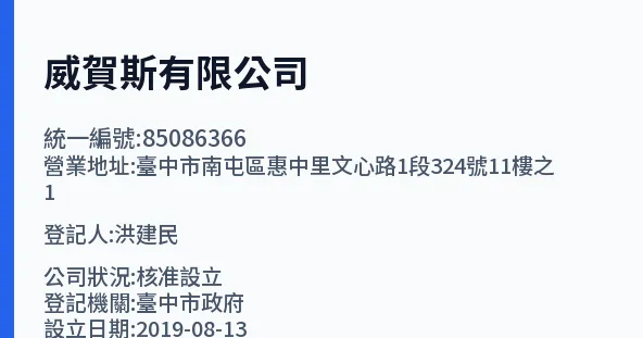 威賀斯有限公司的照片-統編 85086366(臺中市) 公司登記資料與營業項目詳細圖表