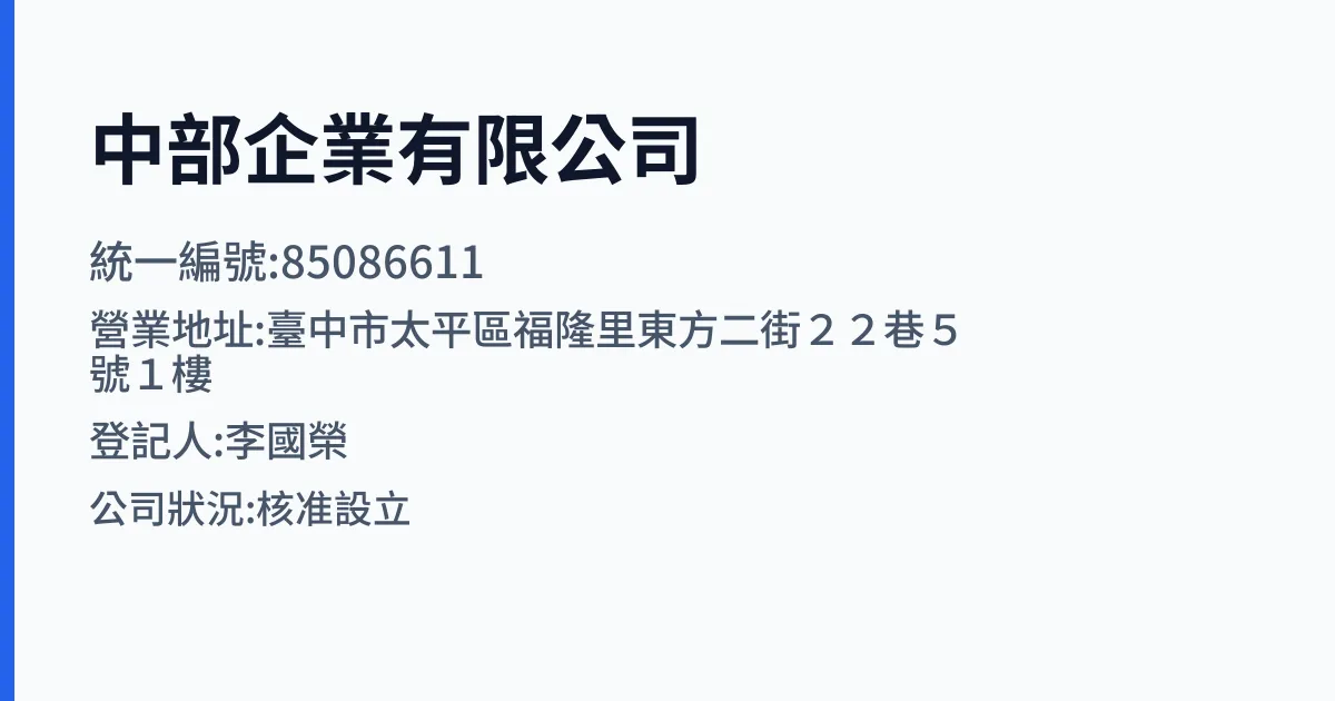 中部企業有限公司 - 統編 85086611(臺中市) 公司登記資料與營業項目詳細圖表