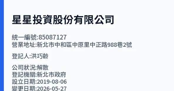 星星投資股份有限公司的照片-統編 85087127(新北市) 公司登記資料與營業項目詳細圖表