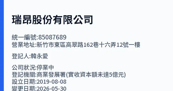 瑞昂股份有限公司的照片-統編 85087689(新竹市) 公司登記資料與營業項目詳細圖表