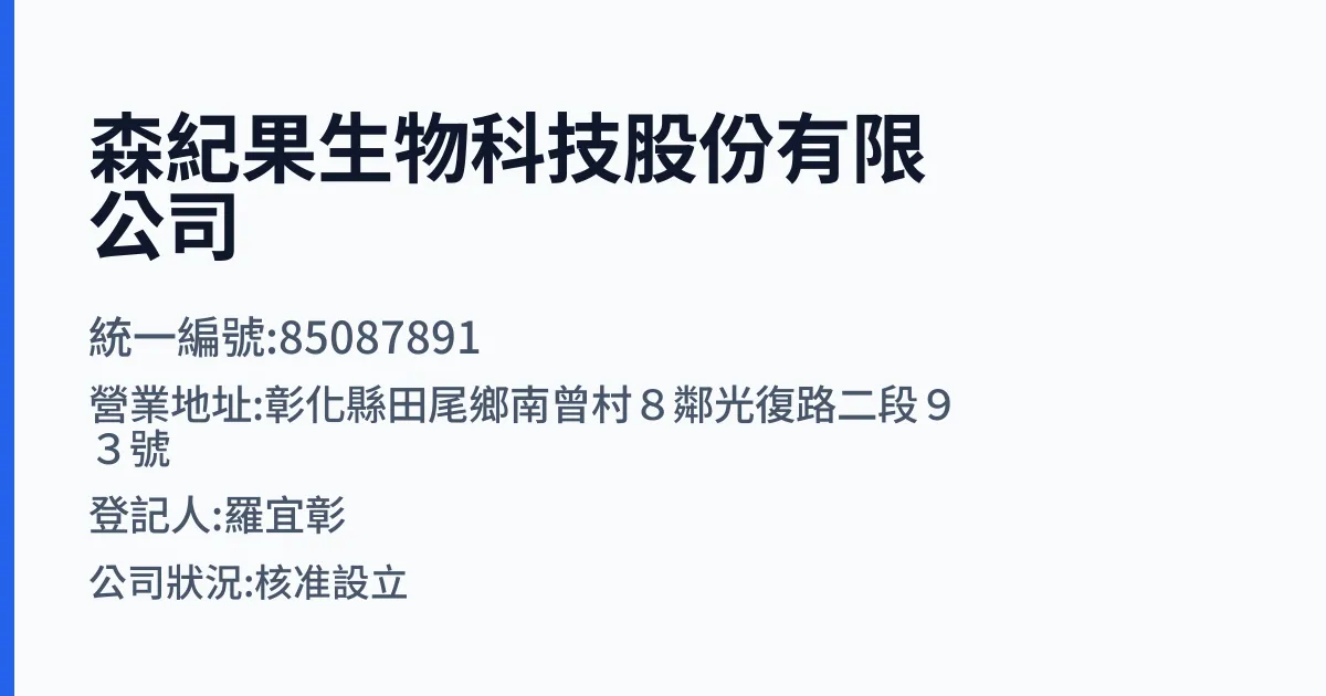 森紀果生物科技股份有限公司 - 統編 85087891(彰化縣) 公司登記資料與營業項目詳細圖表