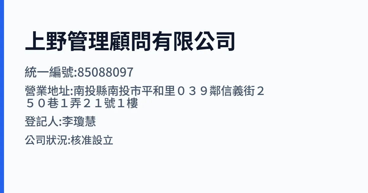 上野管理顧問有限公司 - 統編 85088097(南投縣) 公司登記資料與營業項目詳細圖表