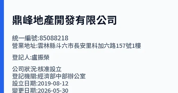 鼎峰地產開發有限公司的照片-統編 85088218(雲林縣) 公司登記資料與營業項目詳細圖表