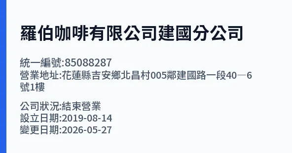 羅伯咖啡有限公司建國分公司的照片-統編 85088287(花蓮縣) 公司登記資料與營業項目詳細圖表