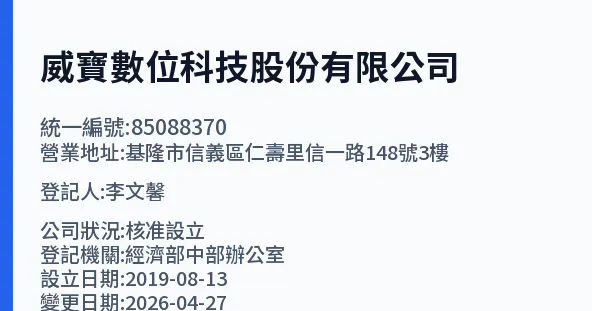 威寶數位科技股份有限公司的照片-統編 85088370(基隆市) 公司登記資料與營業項目詳細圖表