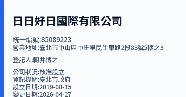 日日好日國際有限公司的照片-統編 85089223(臺北市) 公司登記資料與營業項目詳細圖表