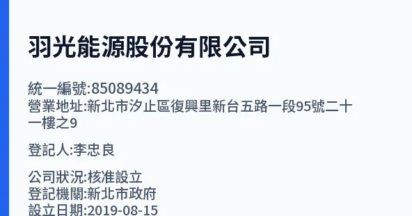 羽光能源股份有限公司的照片-統編 85089434(新北市) 公司登記資料與營業項目詳細圖表