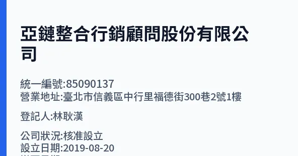 亞鏈整合行銷顧問股份有限公司的照片-統編 85090137(臺北市) 公司登記資料與營業項目詳細圖表