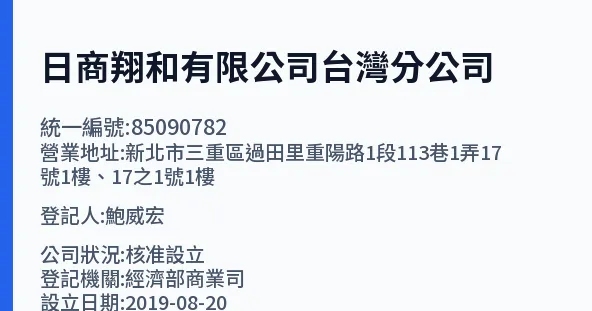 日商翔和有限公司台灣分公司的照片-統編 85090782(新北市) 公司登記資料與營業項目詳細圖表