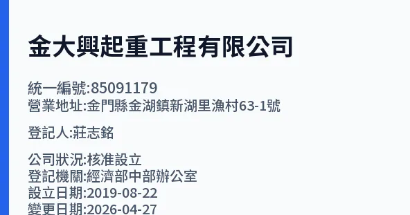 金大興起重工程有限公司的照片-統編 85091179(金門縣) 公司登記資料與營業項目詳細圖表