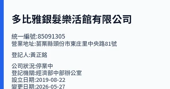 多比雅銀髮樂活館有限公司的照片-統編 85091305(苗栗縣) 公司登記資料與營業項目詳細圖表