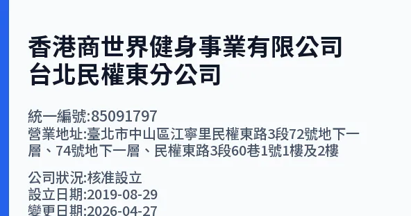 香港商世界健身事業有限公司台北民權東分公司的照片-統編 85091797(臺北市) 公司登記資料與營業項目詳細圖表