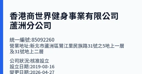 香港商世界健身事業有限公司蘆洲分公司的照片-統編 85092260(新北市) 公司登記資料與營業項目詳細圖表