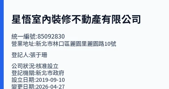 星悟室內裝修不動產有限公司的照片-統編 85092830(新北市) 公司登記資料與營業項目詳細圖表